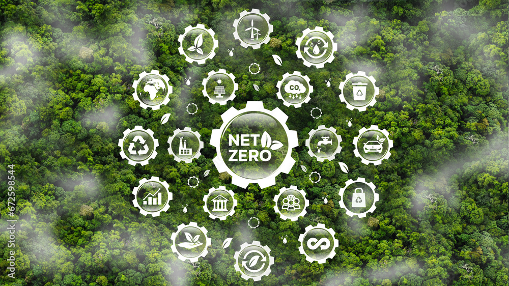 Net zero and carbon neutral concept. Net Zero icons on Top view of ... Net zero and carbon neutral concept. Net Zero icons on Top view of ...
