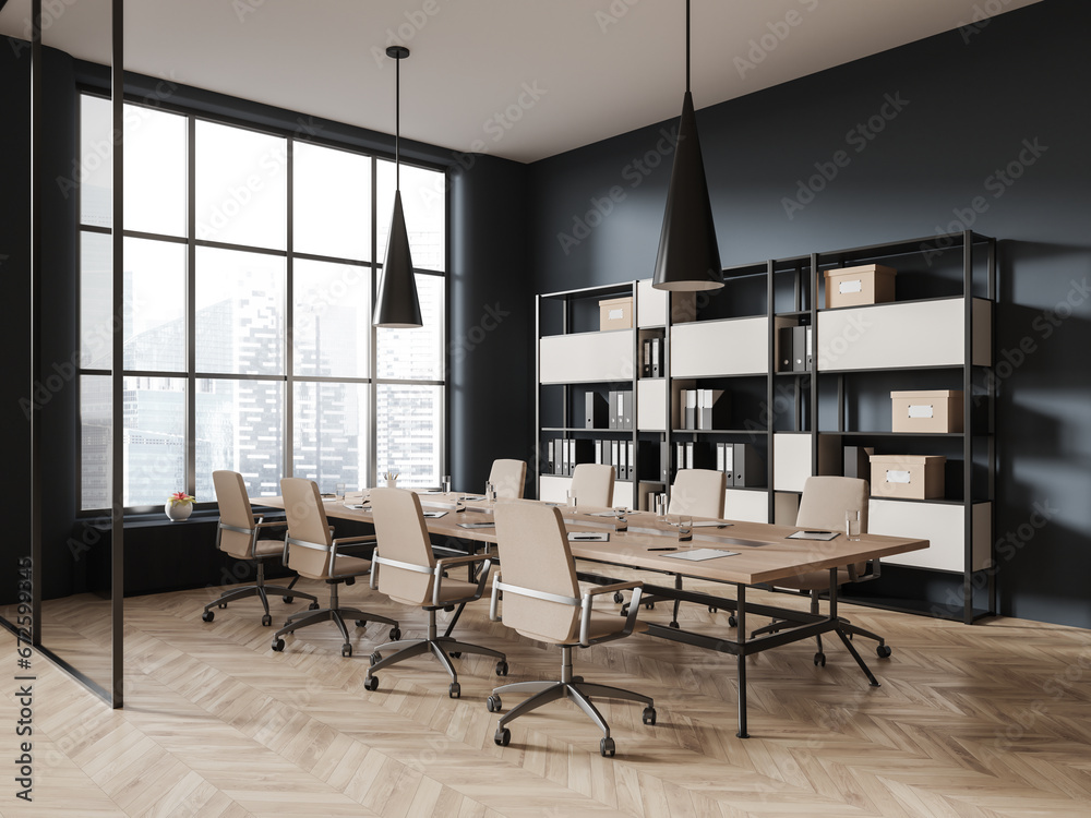 Stylish meeting room interior with table and armchairs, shelf with ...