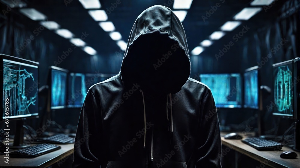 Cyber crime concept, anonymous hacker wearing a hoodie in a basement ...