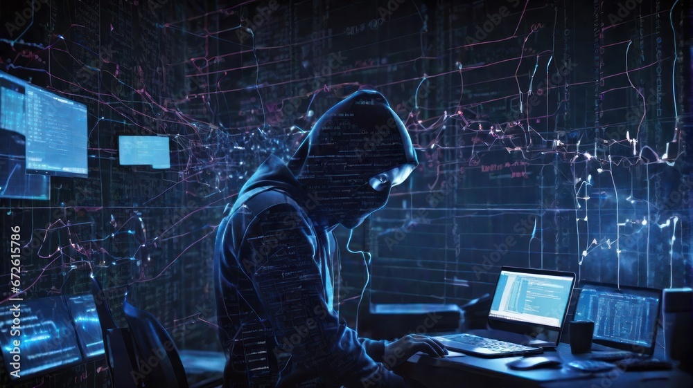 Cyber crime concept, anonymous hacker wearing a hoodie in a basement ...