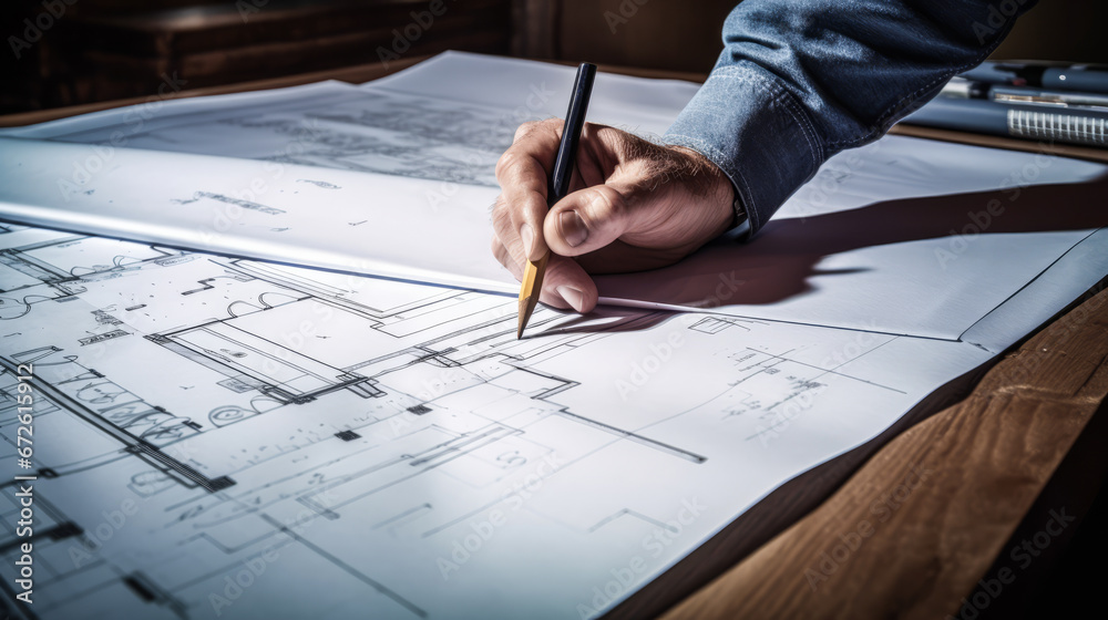 Architect's hands tracing blueprint with ruler. Stock Illustration ...