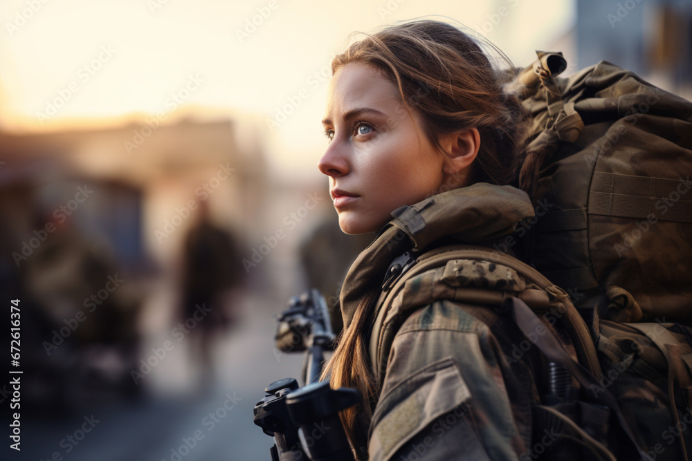 A portrait of a female soldier carrying her gear as she leaves her home ...