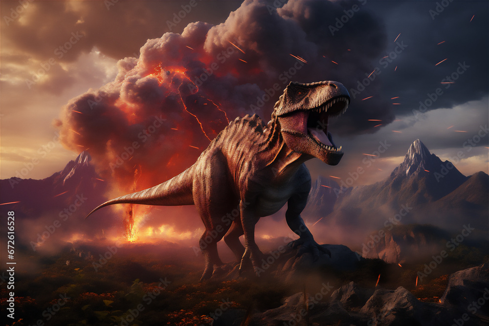 Illustration of the era of dinosaurs becoming extinct, ancient forest ... Illustration of the era of dinosaurs becoming extinct, ancient forest ...