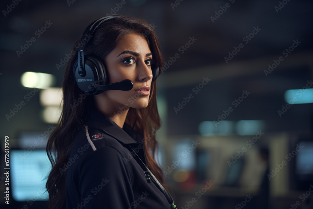 Adult female security worker wearing wireless headset at control room ...