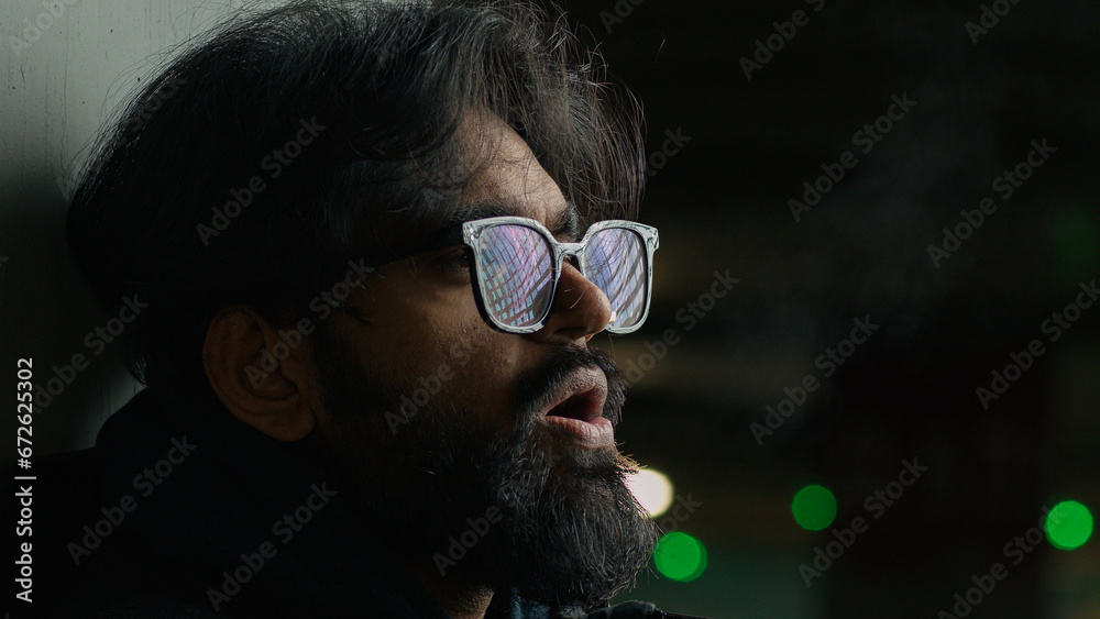 Sad upset Indian homeless frozen depressed stressed cold man in glasses ...