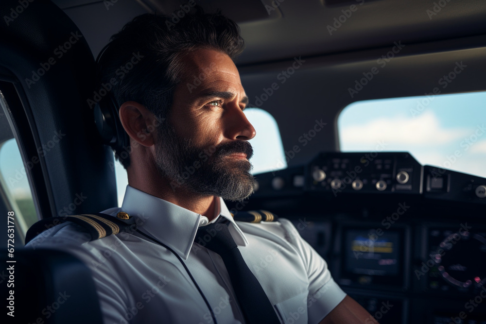 Portrait of airplane pilot looking over shoulder in a private jet Stock ...