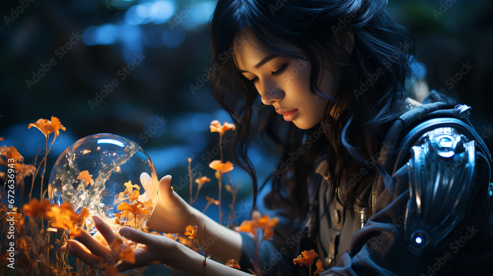 Female astronaut researcher exploring a strange alien planet ...