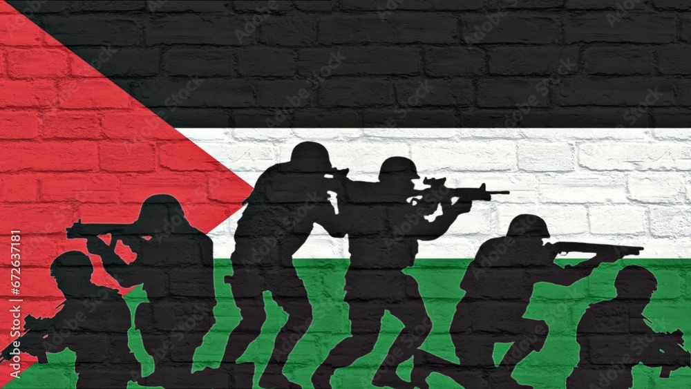 Graffiti group of soldiers with Palestine flag on wall. Hamas soldiers ...