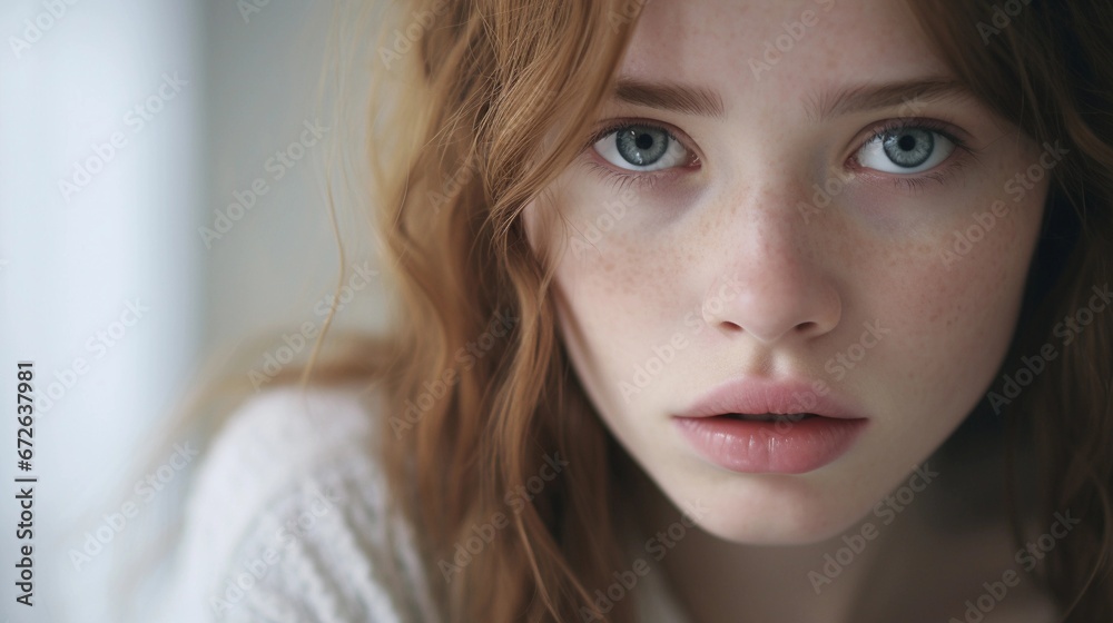 Portrait of a white girl with Heartbroken expression against white ...