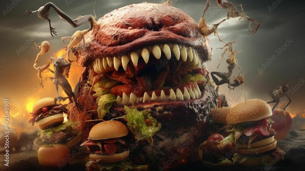 AI generated illustration of an animated giant hamburger with menacing ...