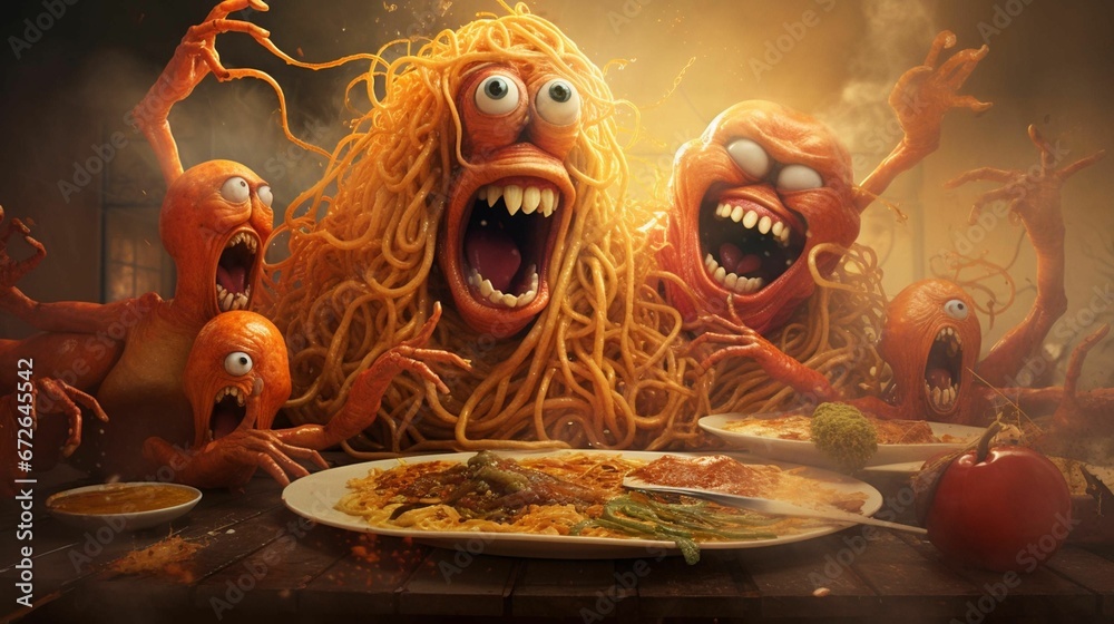 AI generated illustration of cartoon monsters gathered around a table ...