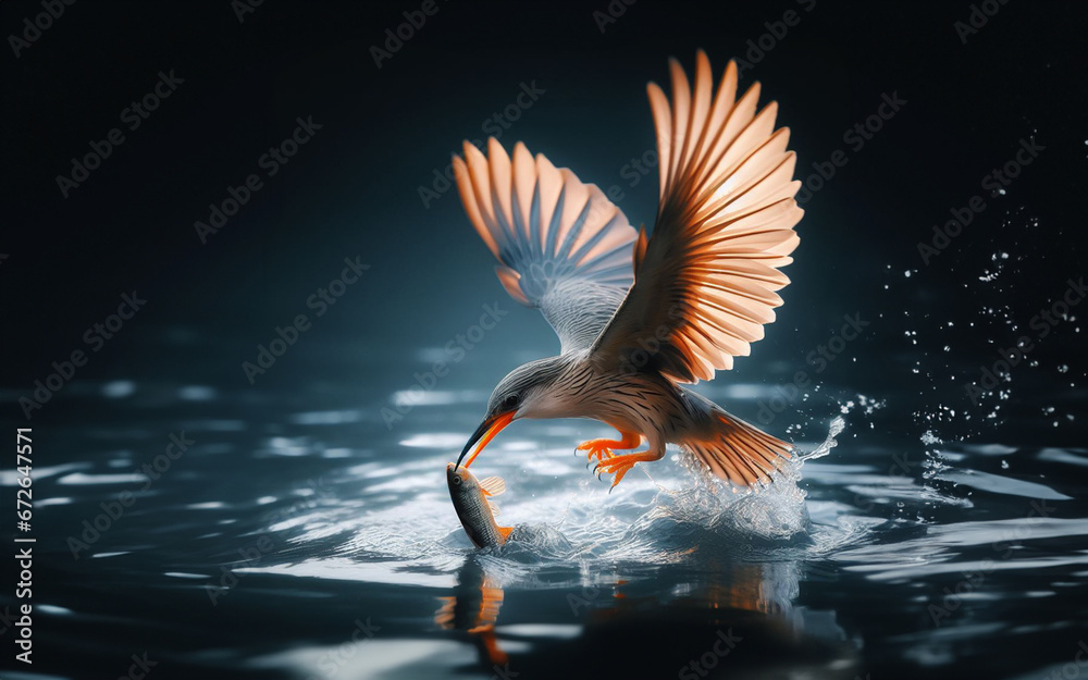 Birds swoop down to the surface of the water to catch fish. Birds hunt ...