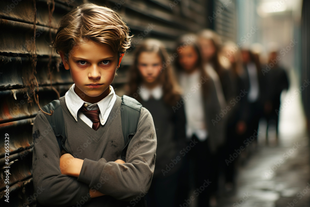 School bullying of a child by hooligans. Sad depressed child victim ...