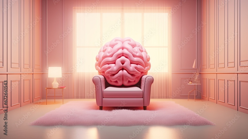 Computer graphics of pink brain sitting on sofa and staring on TV ...
