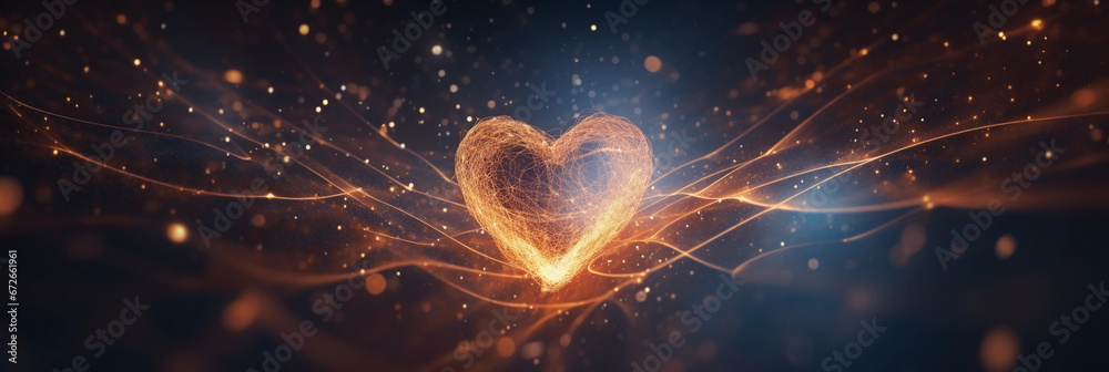 Luminous strings of light woven into the shape of a heart, dark ...