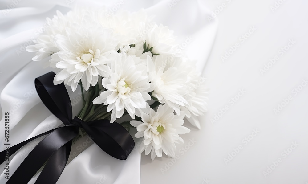 beautiful chrysanthemum flowers and black ribbon on white background ...