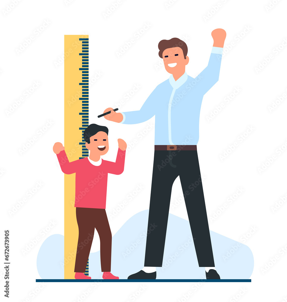 Joyful father measures his sons height with pencil and large ruler. Kid ...