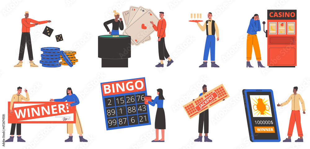 Cartoon gambling players. People play gamble. Bets and bingo lottery ...