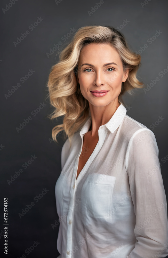 Beautiful blonde woman, middle aged model smiling. Healthy beauty ...