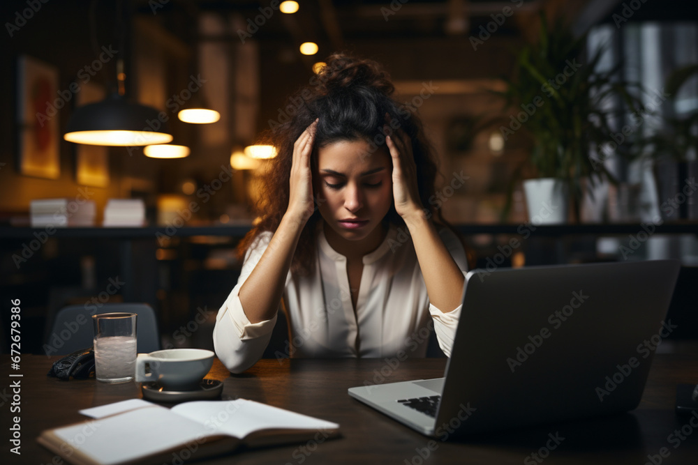 Stress headache, burnout and woman in office overwhelmed with workload ...