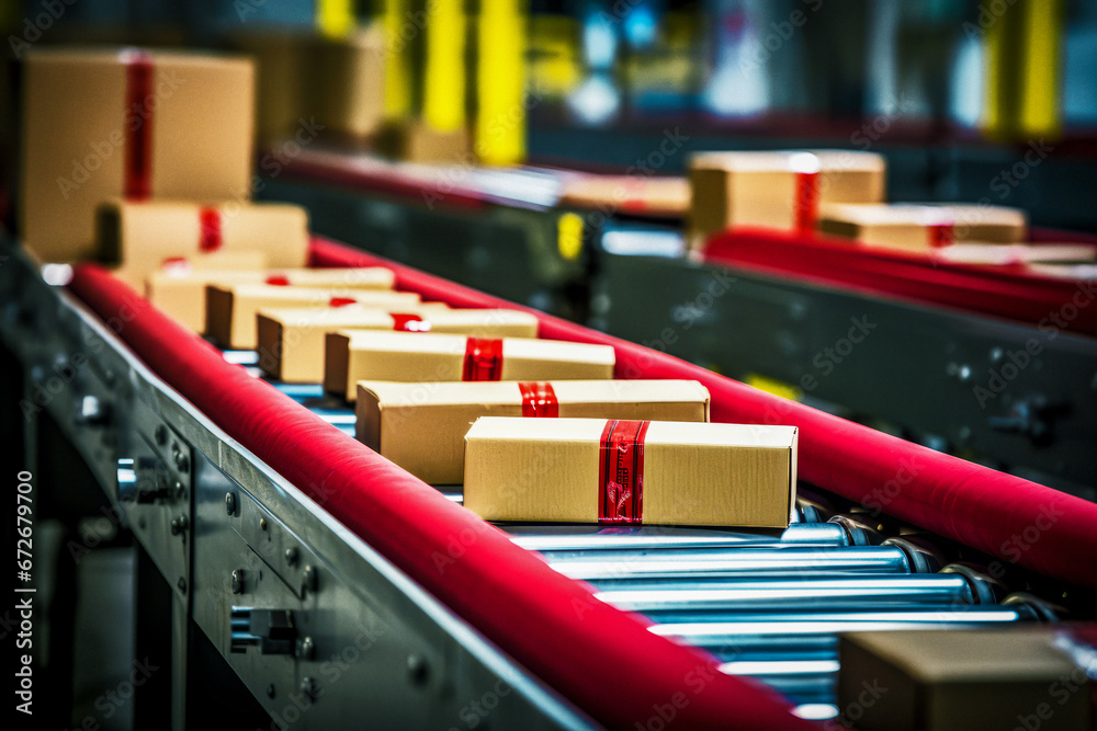 The seamless flow of packages boxes traverse the conveyor belt ...