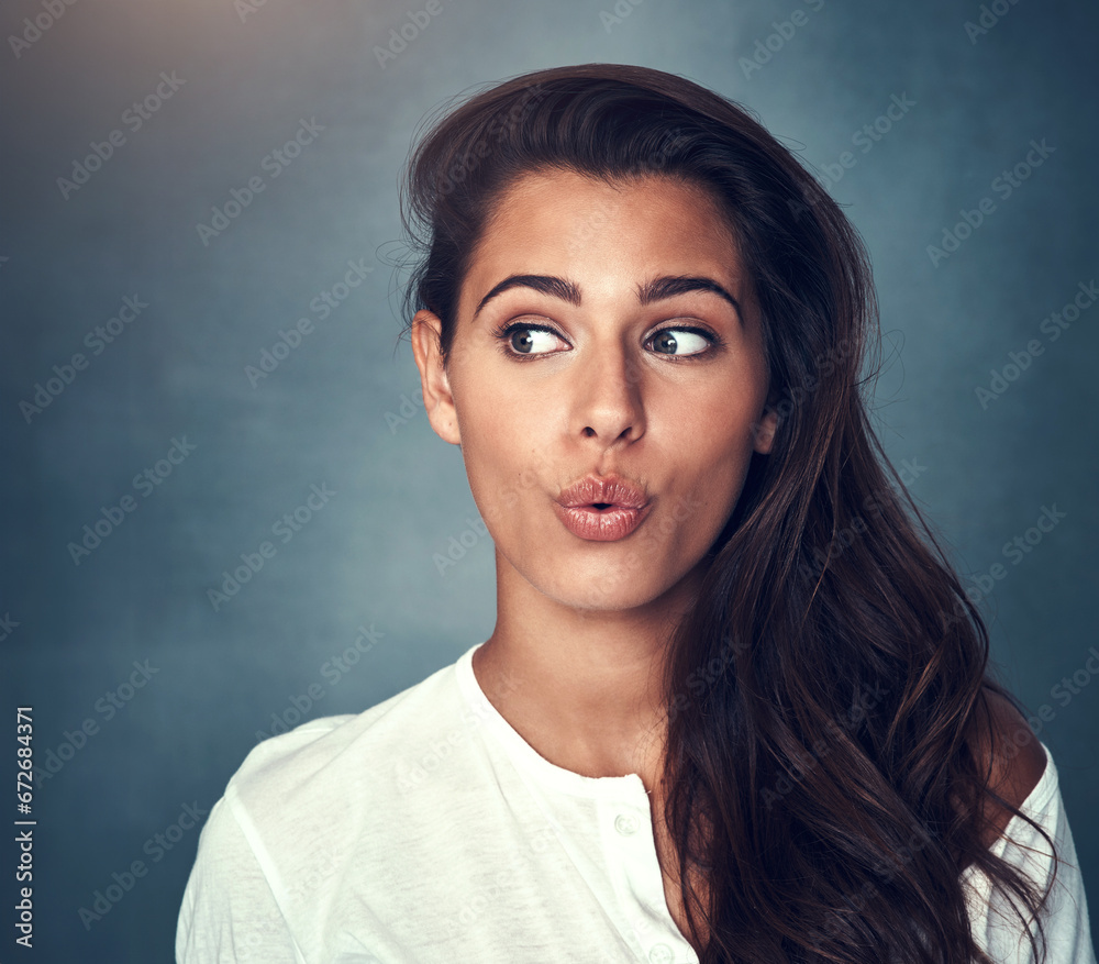 Woman, funny face and fashion in studio, pose and mockup by background ...