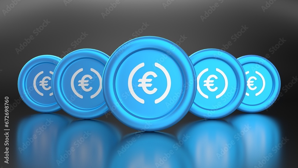 eurc, EURC, Five crypto coins in a row on a black background, with the ...