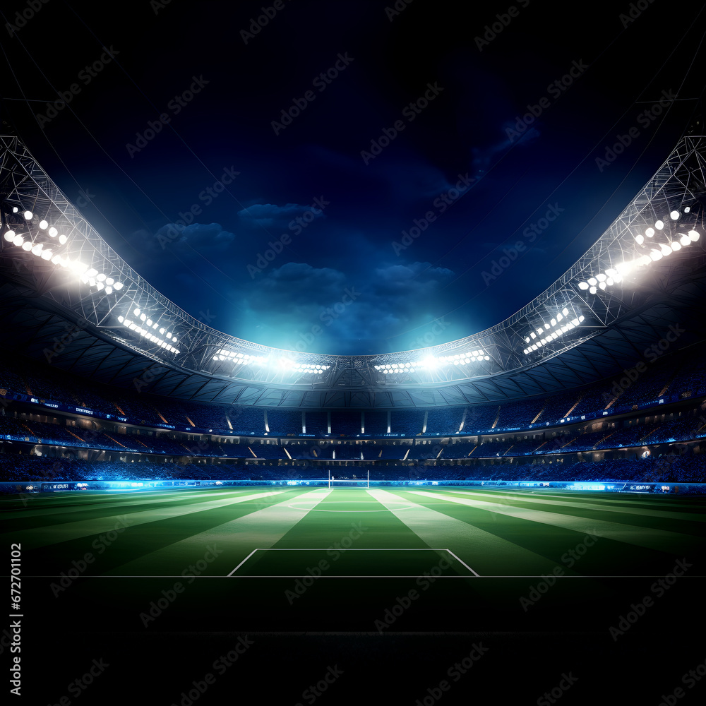 Football field with spotlight, green grass and night sky, Soccer ...