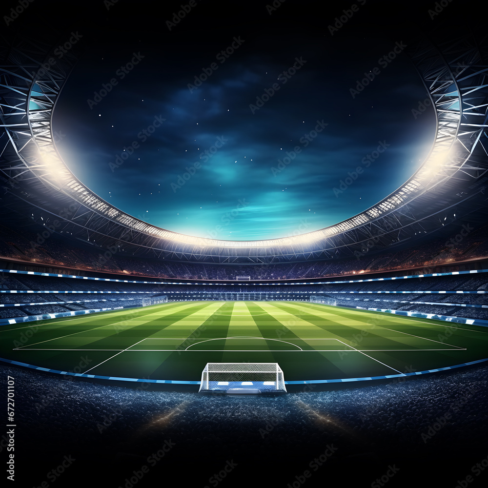 Football field with spotlight, green grass and night sky, Soccer ...