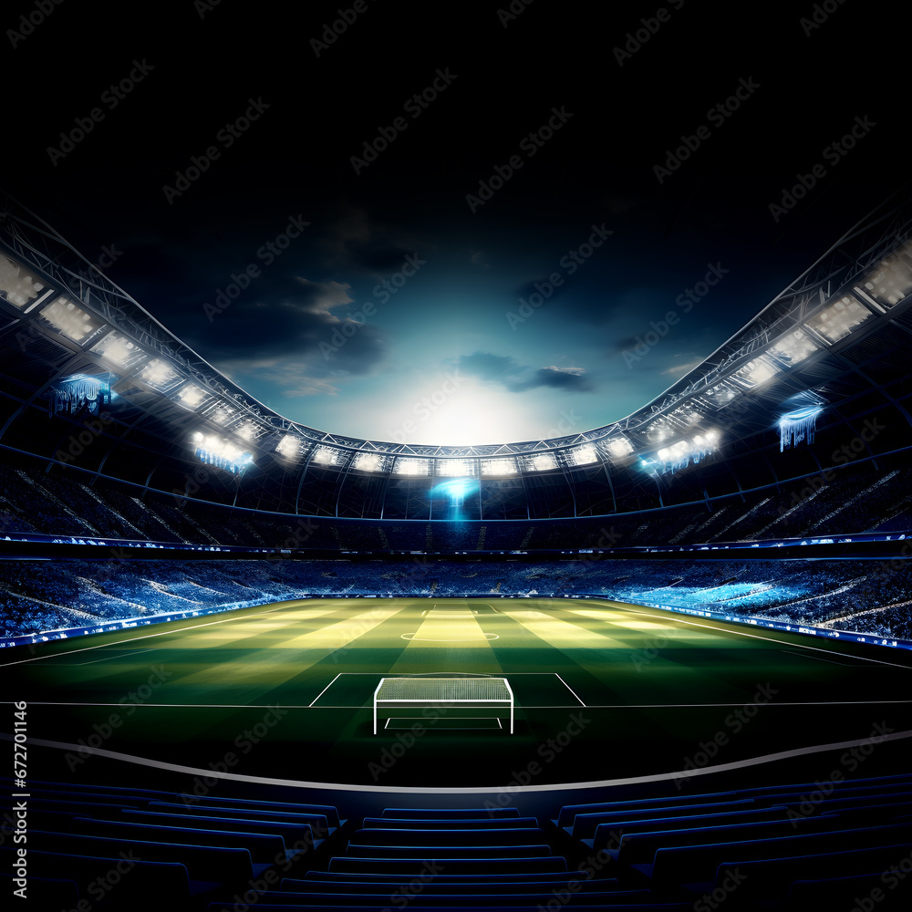 Football field with spotlight, green grass and night sky, Soccer ...