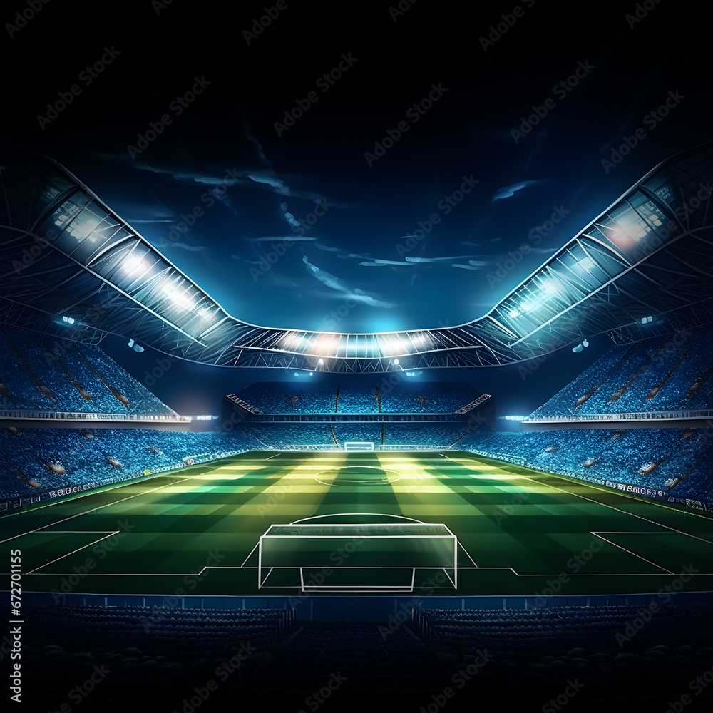 Football field with spotlight, green grass and night sky, Soccer ...