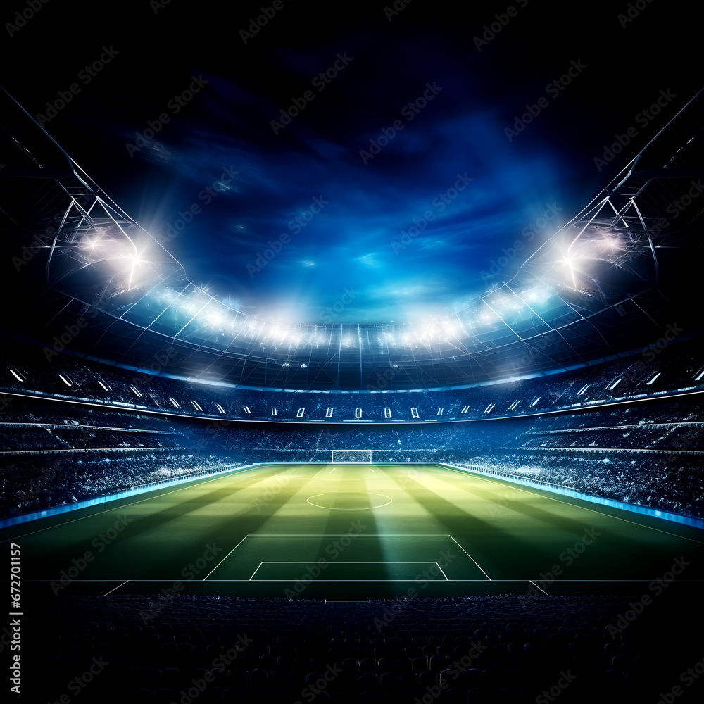 Football field with spotlight, green grass and night sky, Soccer ...