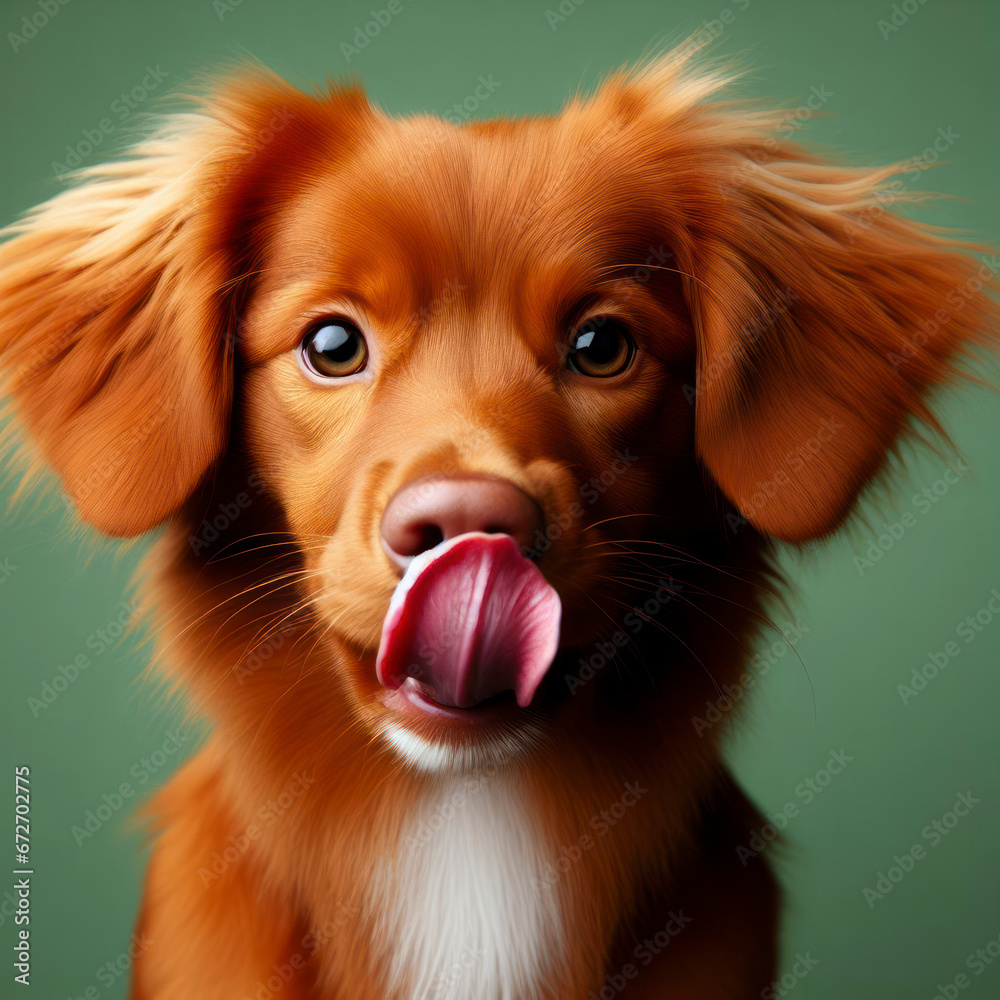 Cute red dog on green background. Pet in the studio, canine fur ...