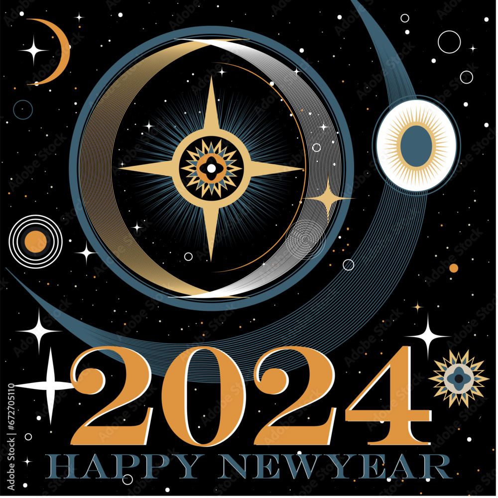 Astrology black blue and gold Happy New Year 2024 background. Sun ...