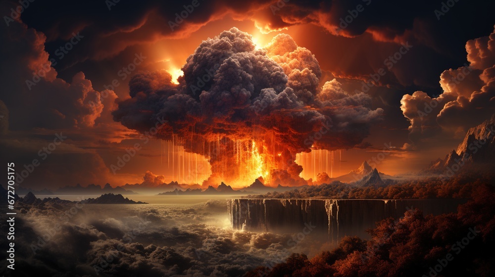 Massive Explosion with Mushroom Cloud, Red Flames, and Lightning on ...