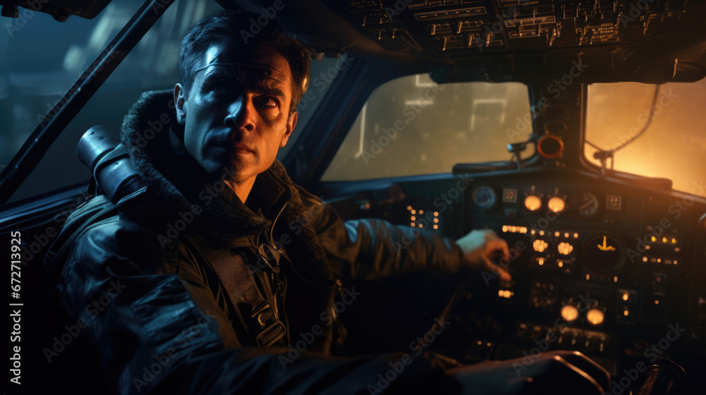 Aviator inside airplane cockpit cabin. Pilot sit front dashboard ...