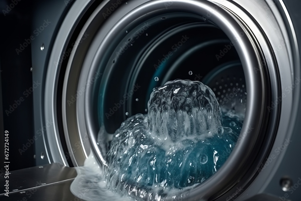 Washing machine drum , clean water flow and splashes inside the washing ...