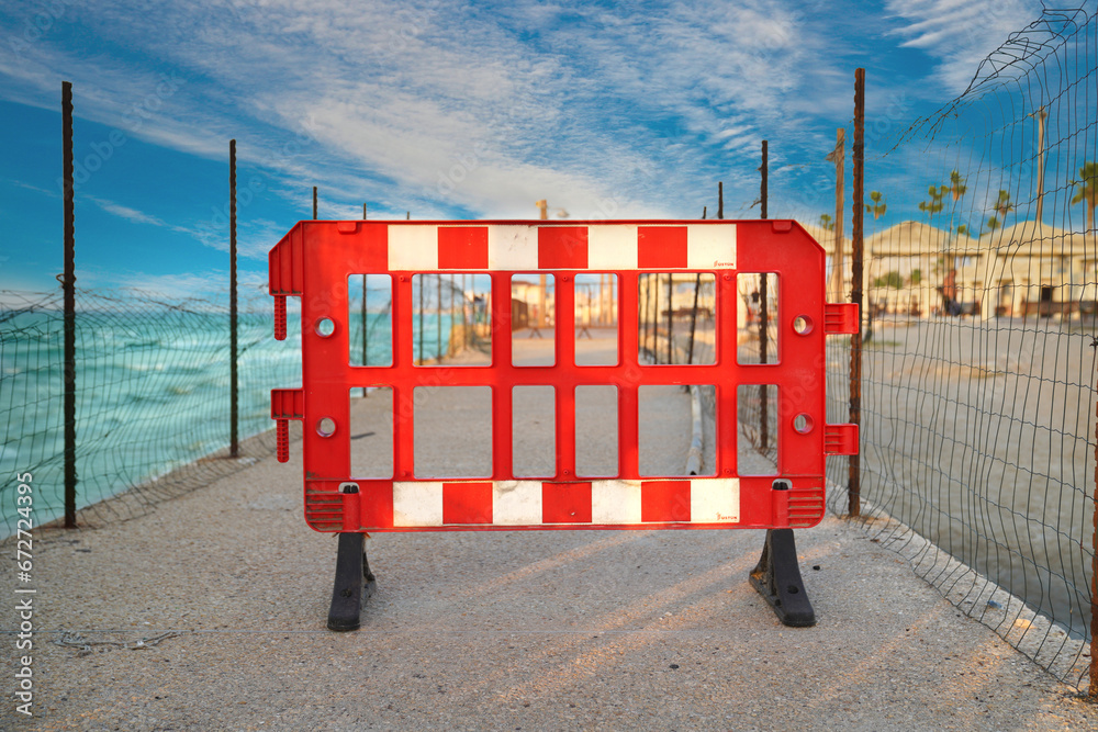 Attention danger, red barrier, fence, prohibition and warning for ...