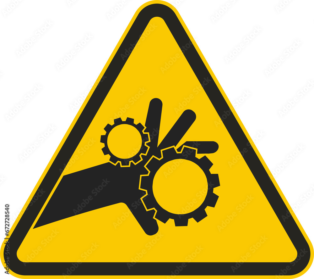 Yellow triangle sign of hand injury pinched on sprocket or gear or cog ...