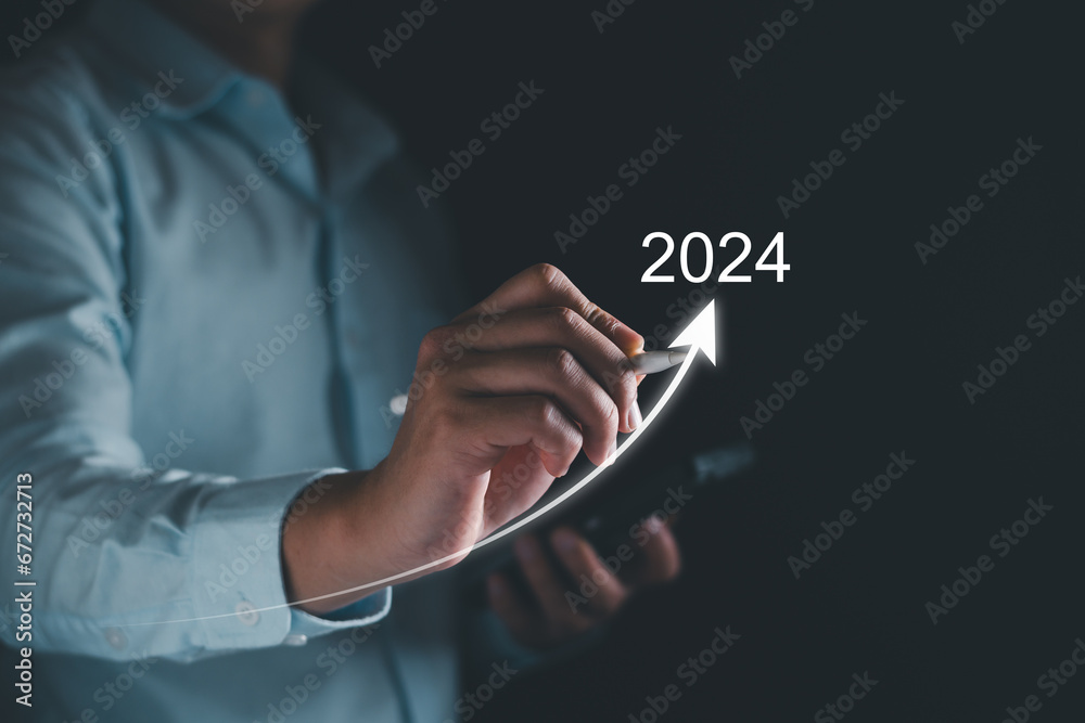 2024 new year goal concept. Hand touch goal icon, target 2023 to 2024 ...
