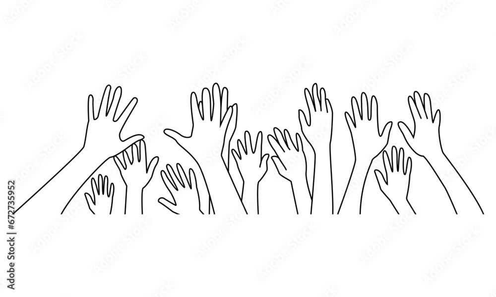 Many people's hands up vector isolated on white background. Various ...