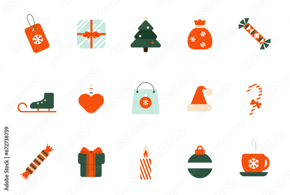 Cute christmas icon set. Cartoon Christmas collection. Christmas ...