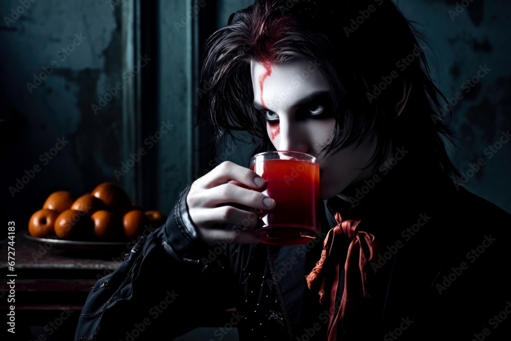 A vampire drinking a red liquid from a glass. Created with Generative ...