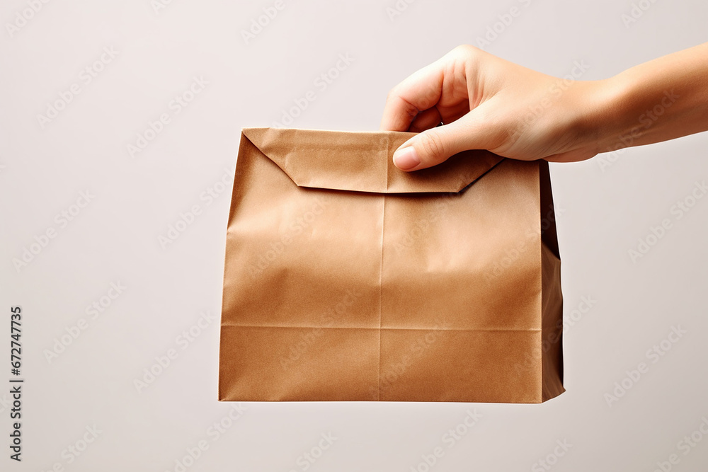 Close up of a brown paper bag for takeaway packaging held by a hand and ...