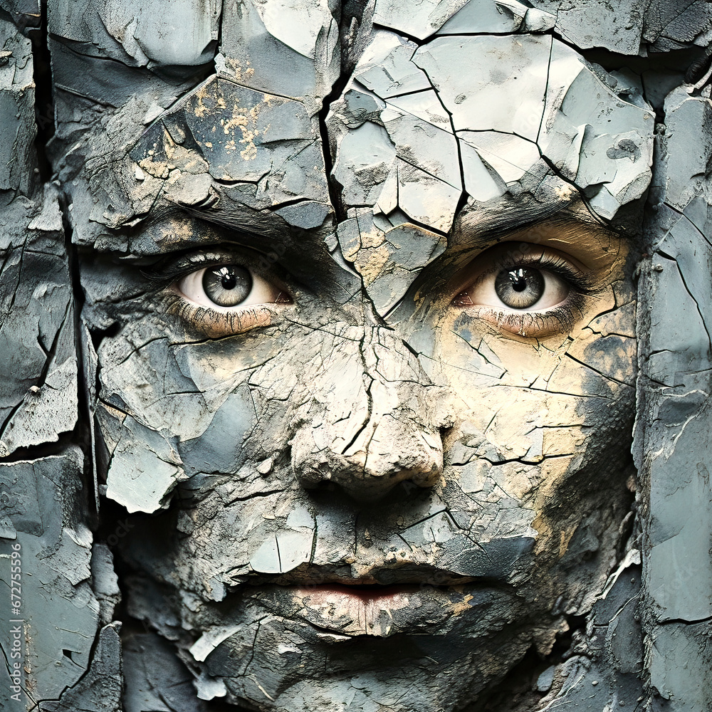 Stony, Hardened Face of a Woman, Marked with Cracks, Breaks, and ...