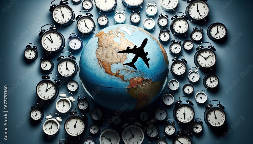 Artistic illustration of a globe surrounded by alarm clocks in ...