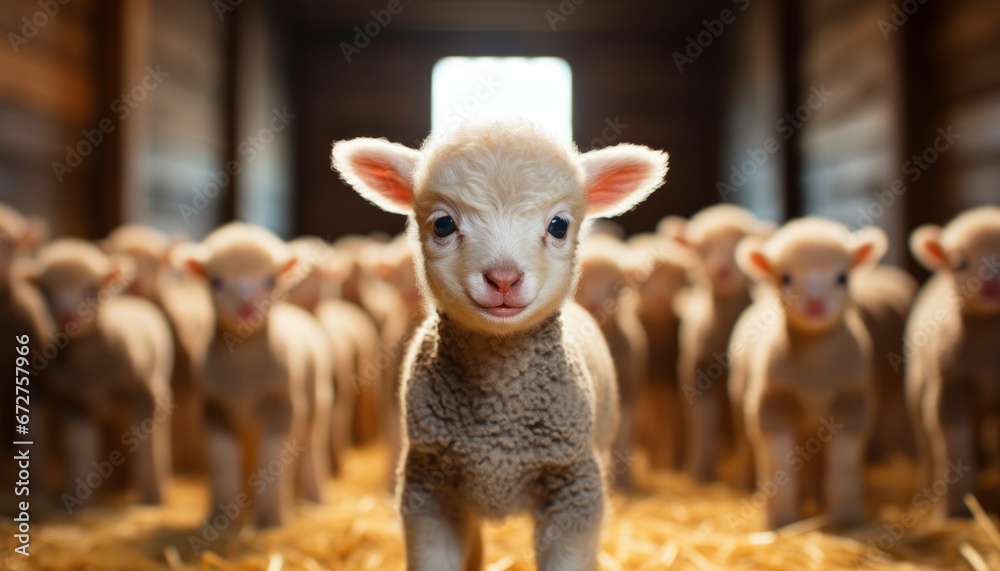 Idyllic scene of ecological farm with majestic rams and adorable lambs ...