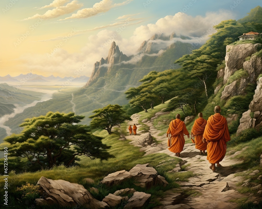 Chinese monks are walking on mountns with buddhist monks. Stock ...