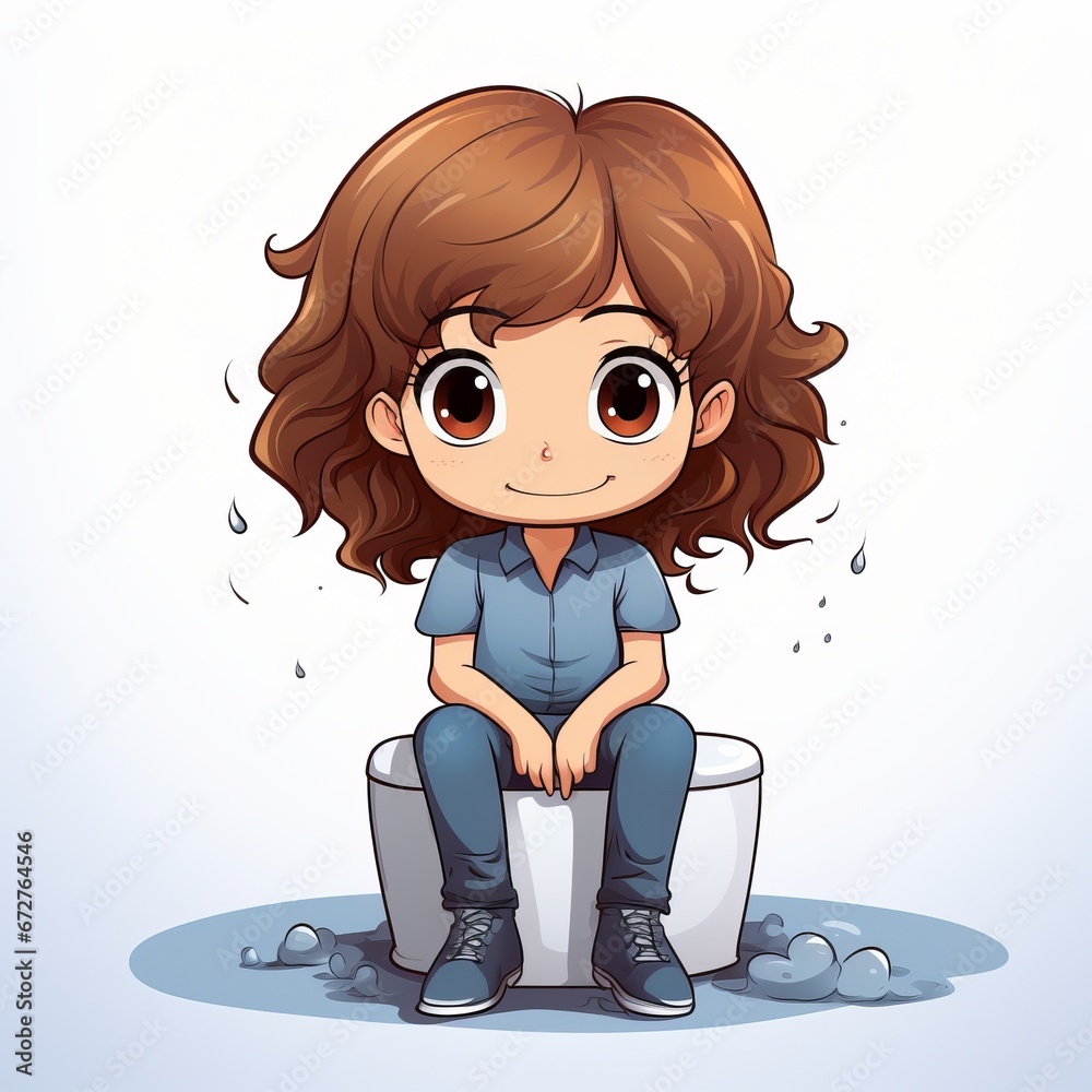 Cartoon girl in the restroom on the toilet with diarrhea and ...