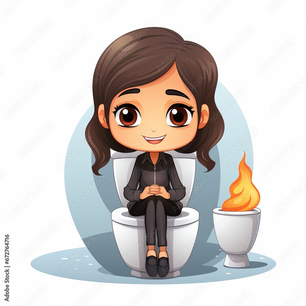 Cartoon girl in the restroom on the toilet with diarrhea and ...